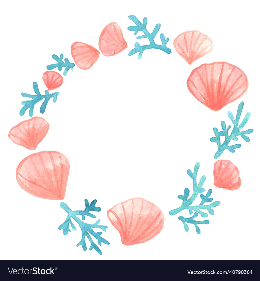 Seashell with coral and sand beach wreath Vector Image