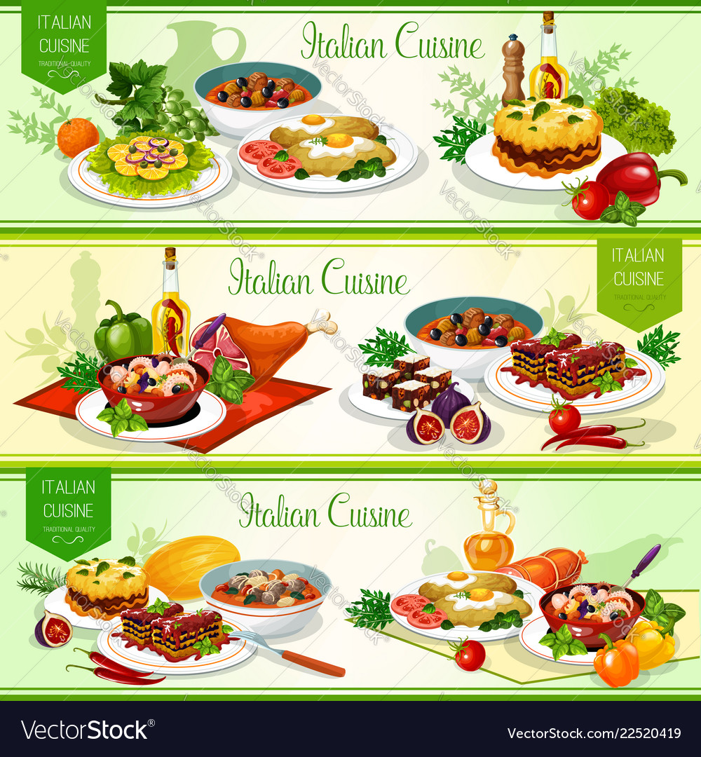 Italian cuisine dishes salad and fruit dessert Vector Image