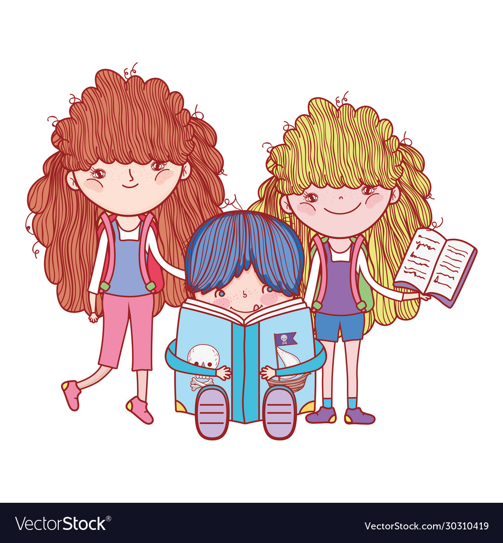 Little girls and boy with books cartoon isolated Vector Image
