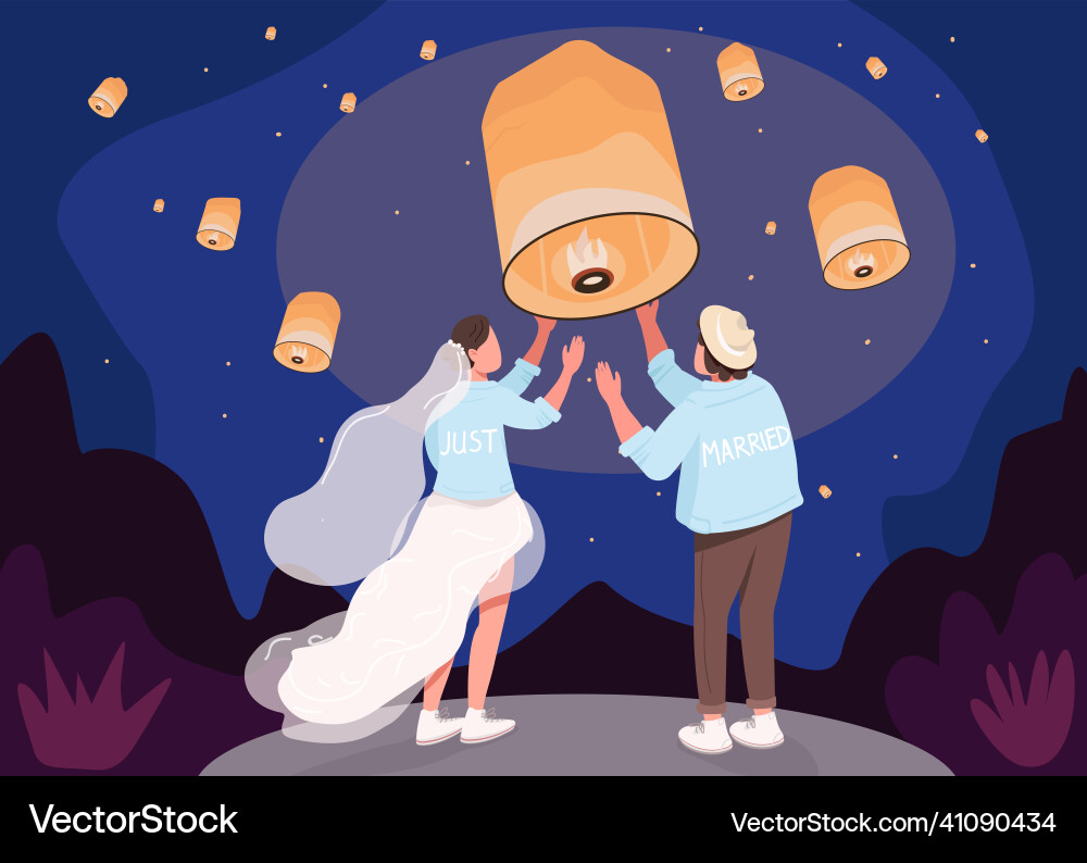 Romantic Celebration With Lanterns Flat Color Vector Image