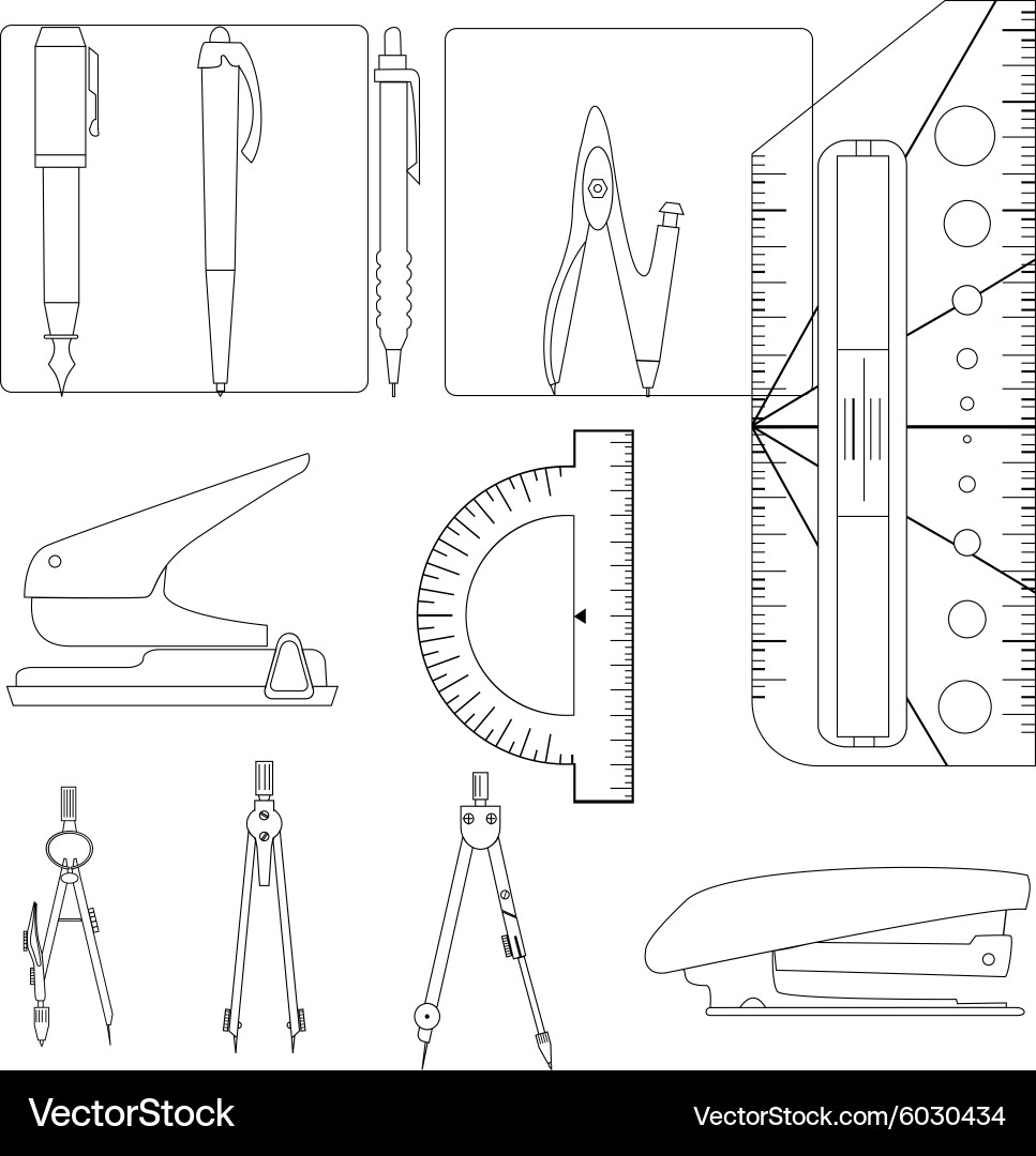 Set of stationery tools line-art Royalty Free Vector Image