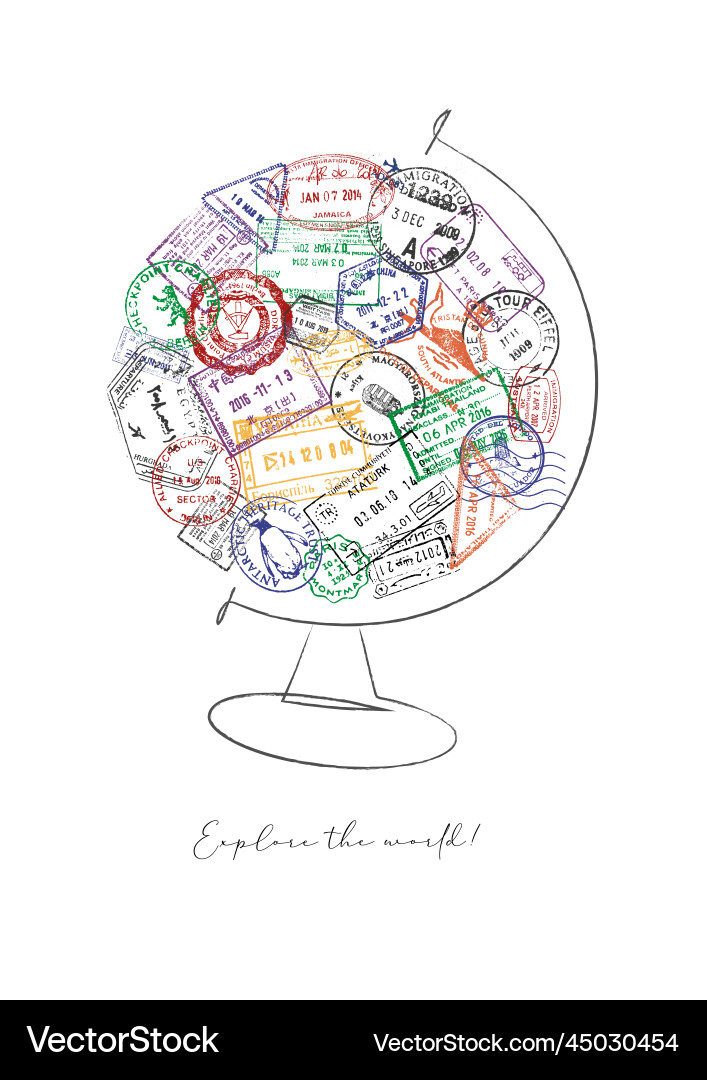 Globe passport stamps poster Royalty Free Vector Image