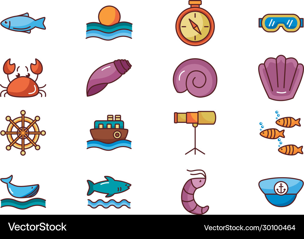 Bundle sea set line color style icons Royalty Free Vector
