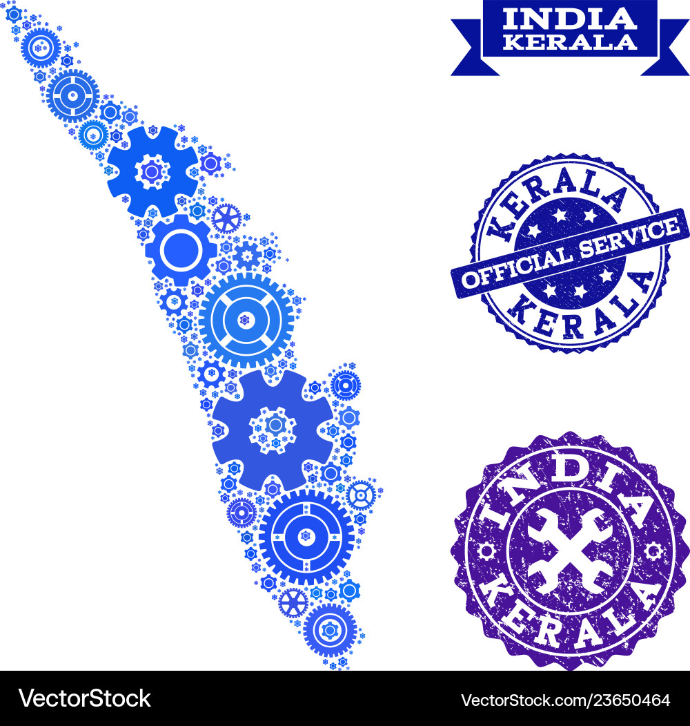 Collage map of kerala state with cogs and rubber Vector Image
