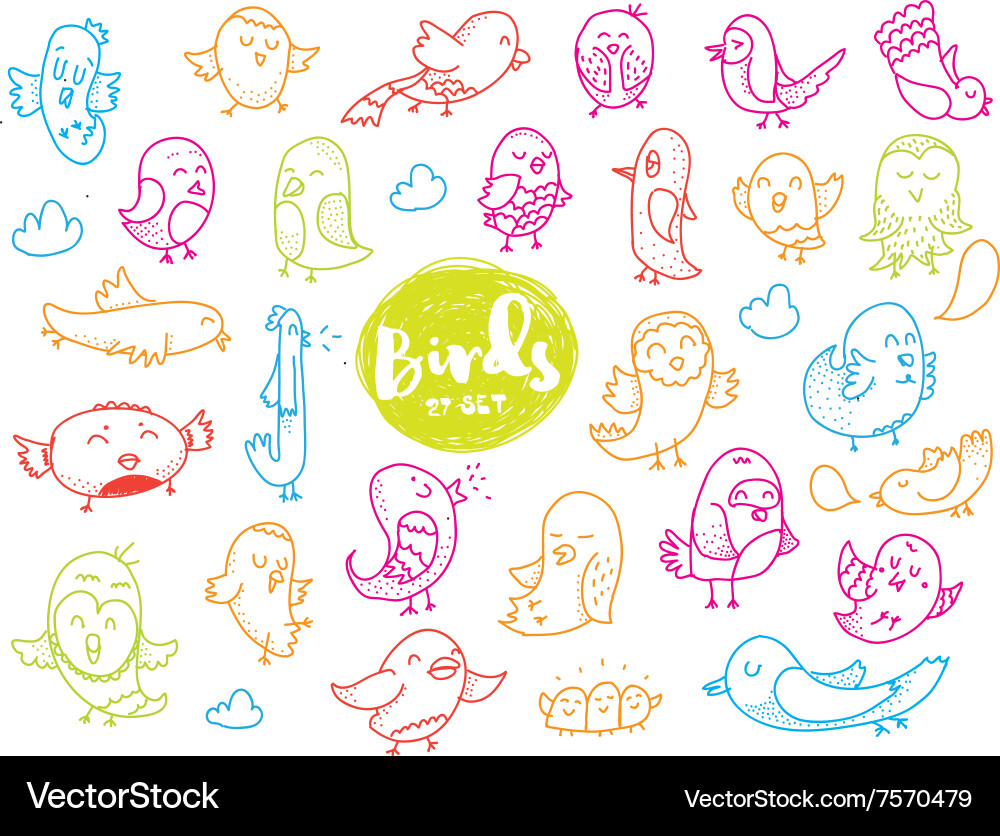 Birds set hand drawn characters doodles Royalty Free Vector