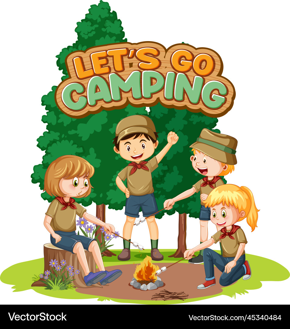 Camping kids and text design for word lets go Vector Image