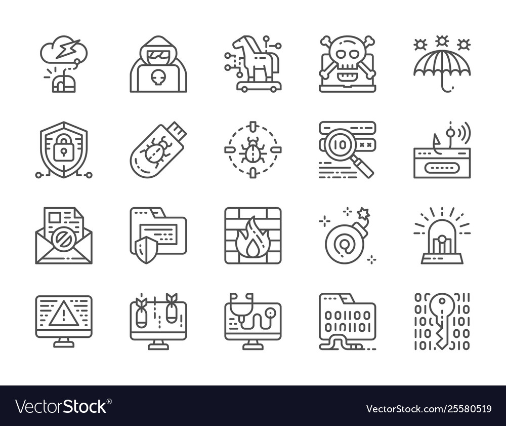 Set cyber security line icons spy agent Royalty Free Vector