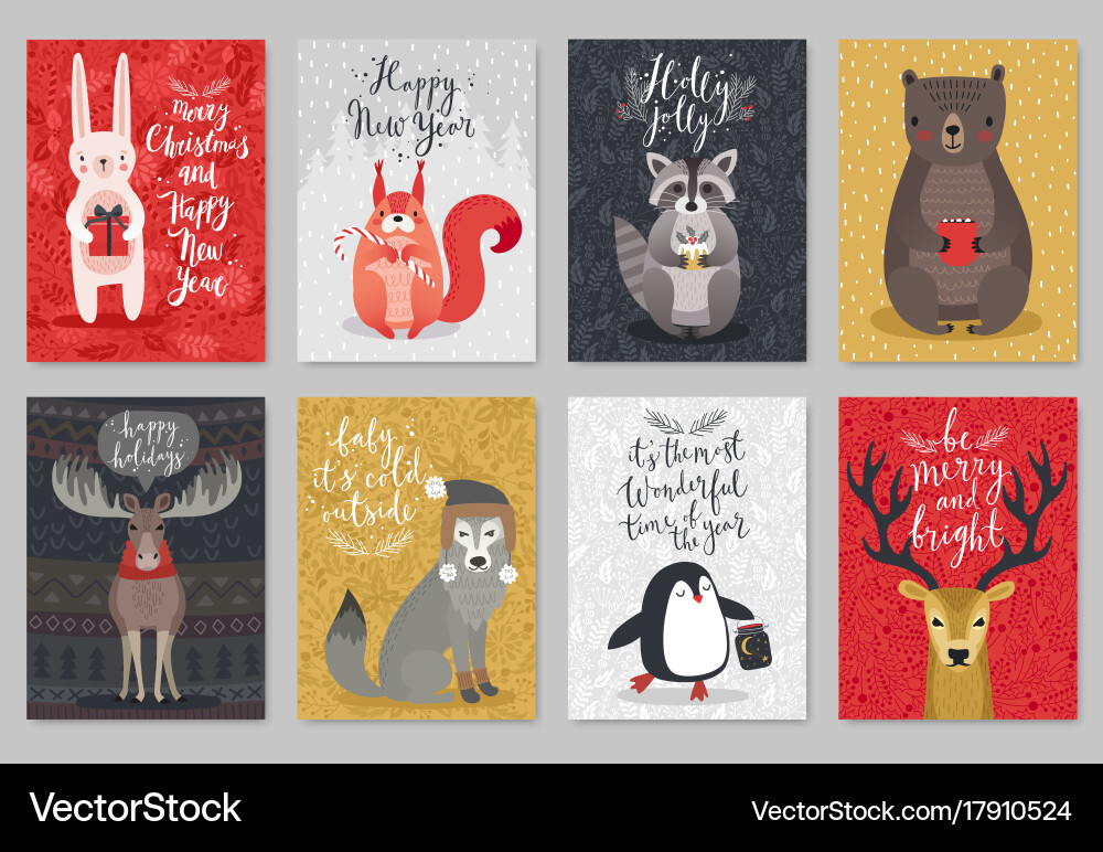 Christmas animals card set Royalty Free Vector Image