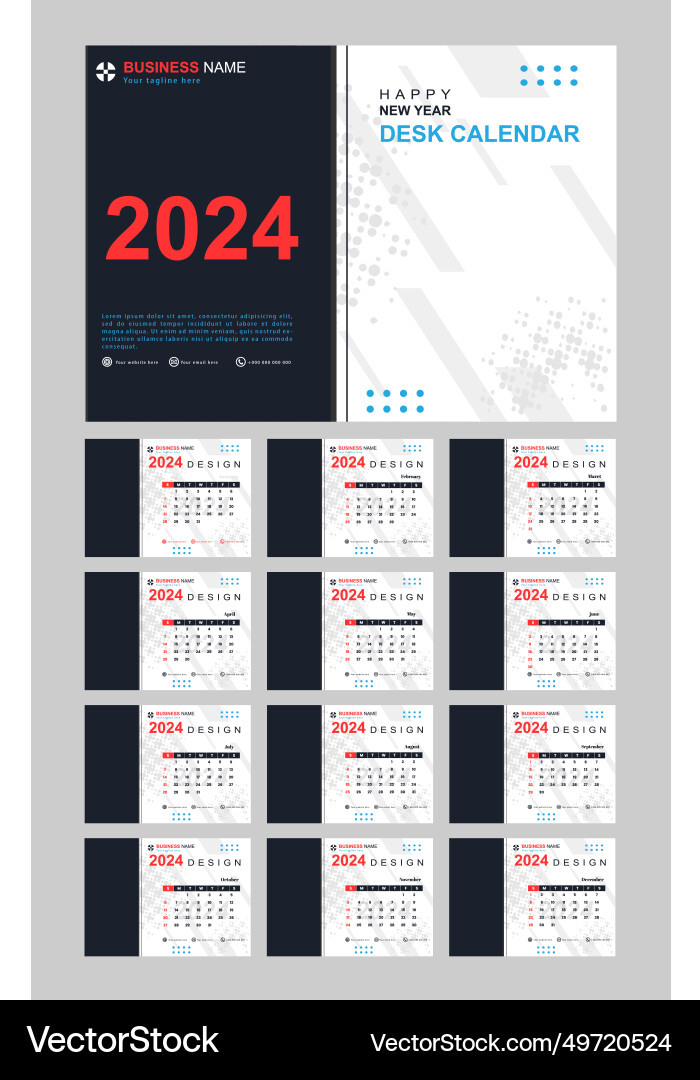 Monthly calendar set template for 2024 year Vector Image