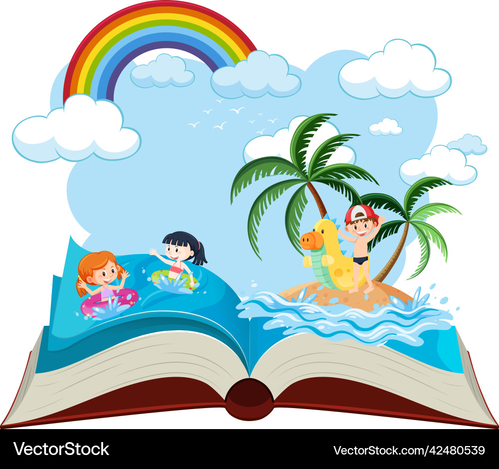 Open book with children enjoying summer Royalty Free Vector