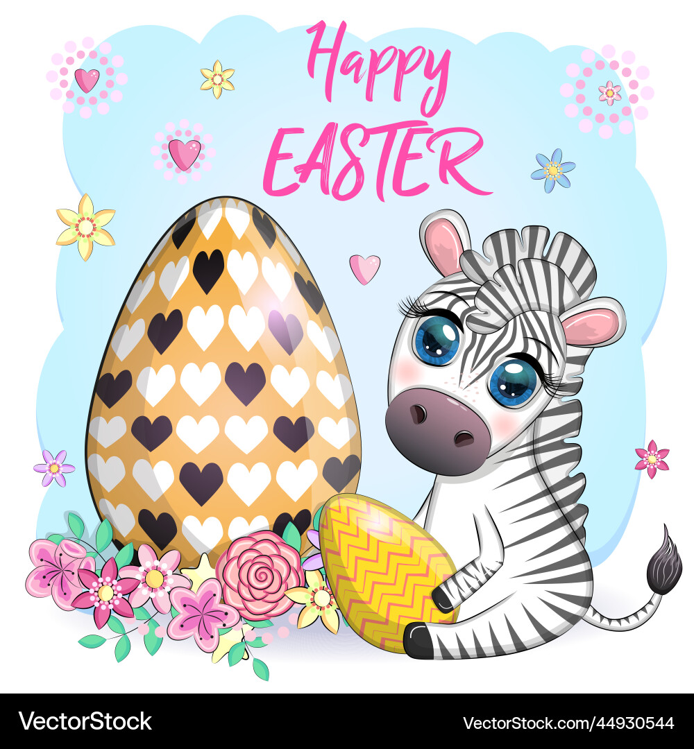 Zebra with easter egg flowers greeting card Vector Image