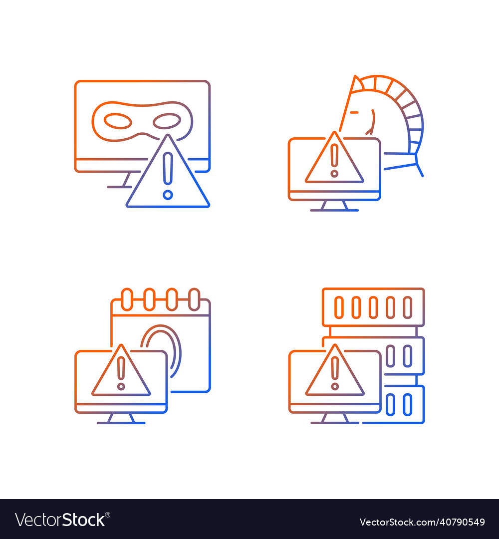 Computer system attacks gradient linear icons set Vector Image