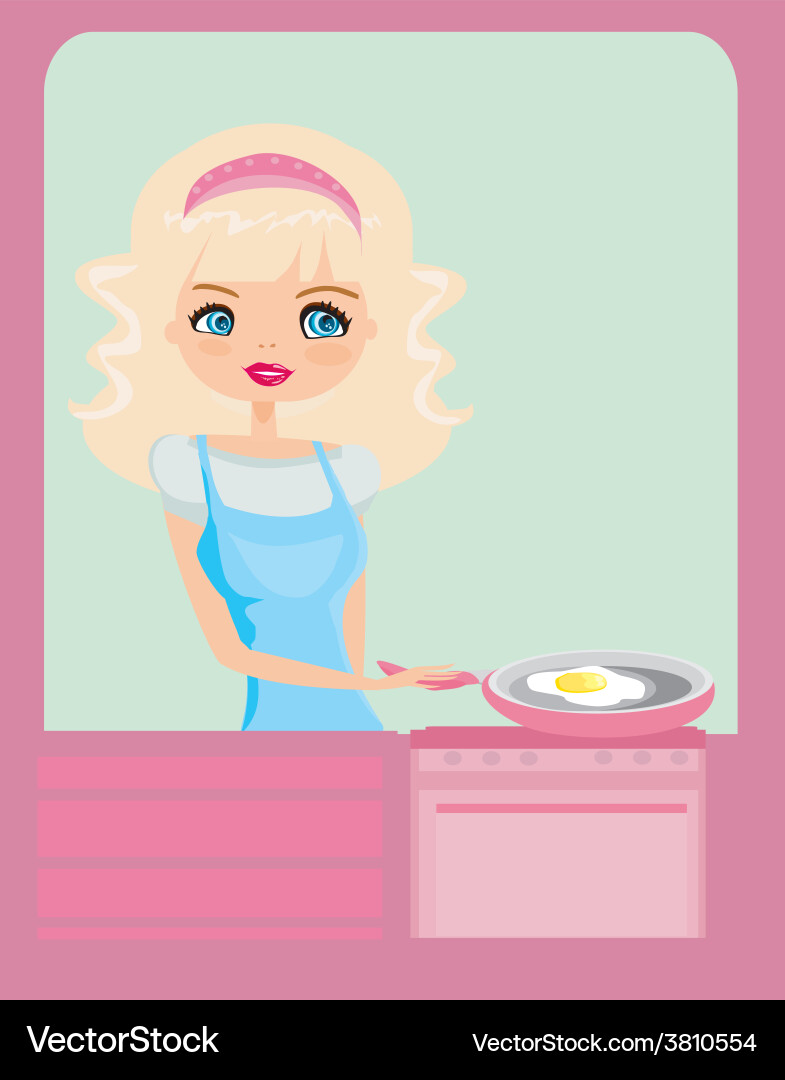 Beautiful lady cooking egg in the kitchen Vector Image