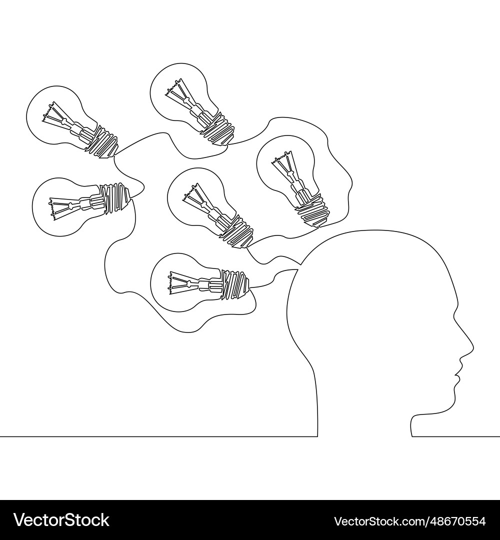 Continuous line head with lots of ideas light bulb