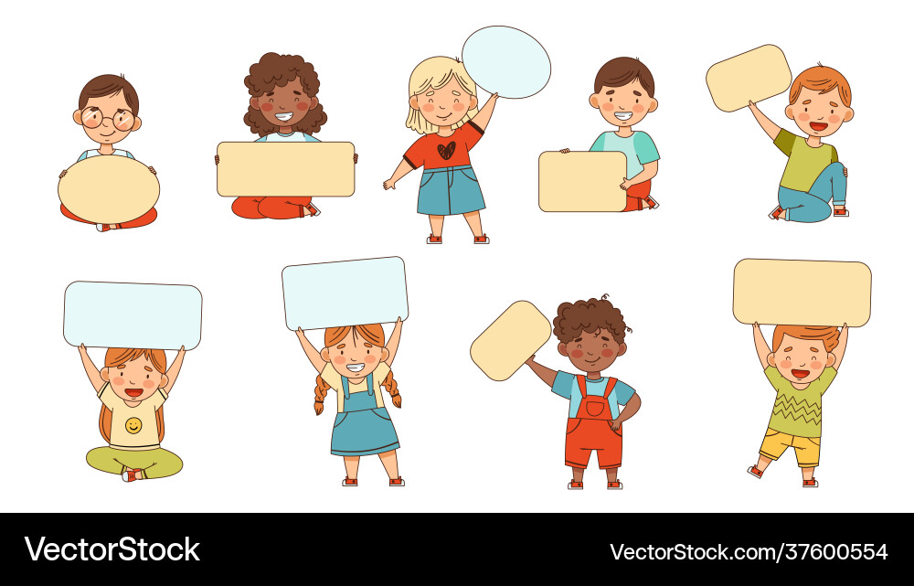 Smiling kids holding empty oval and rectangular Vector Image