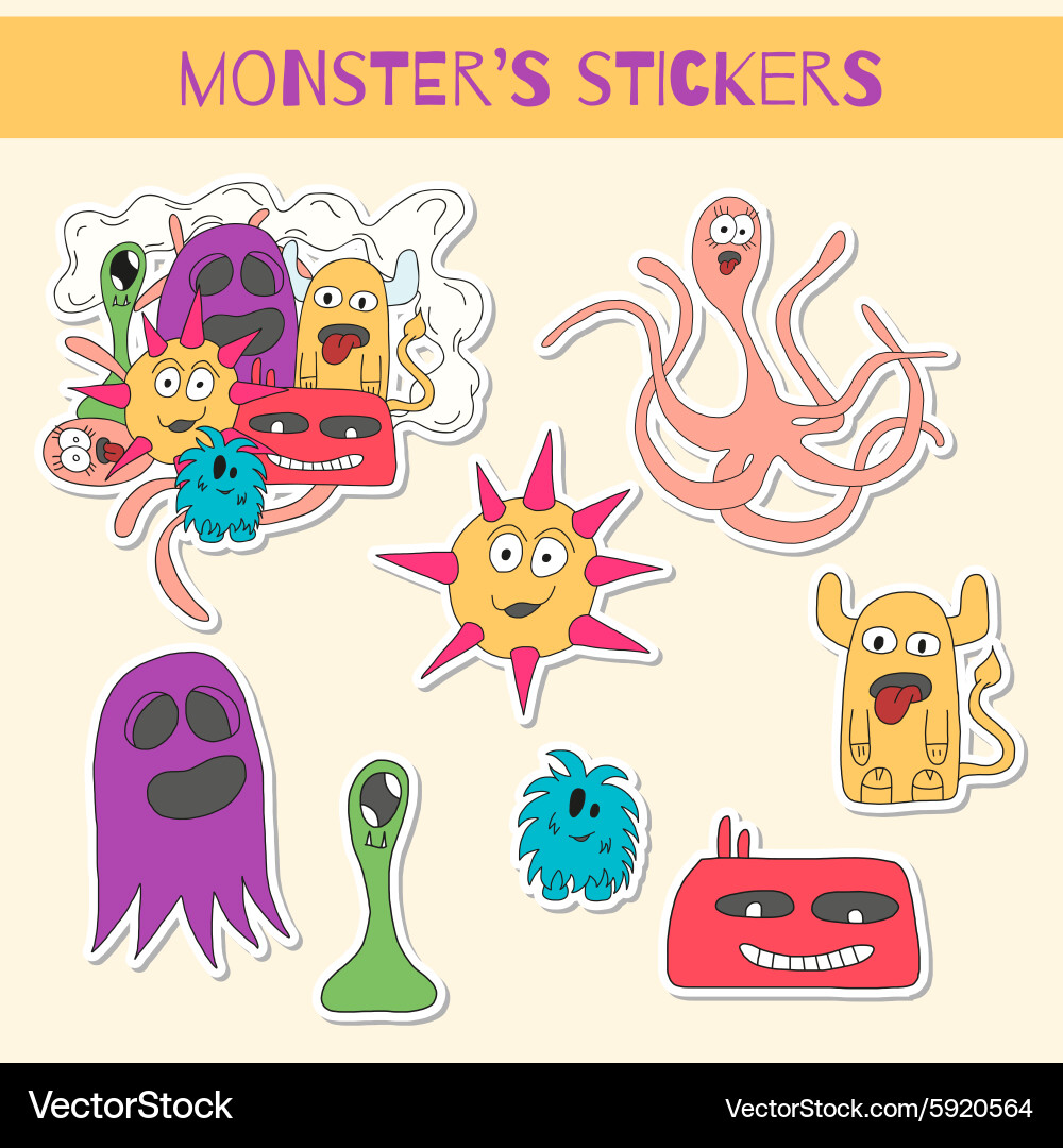 Set of stickers with doodle monsters Royalty Free Vector