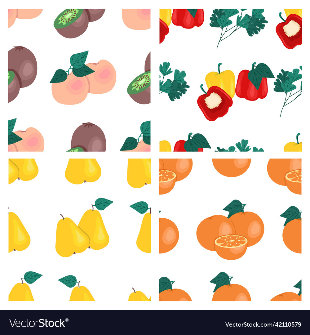 Set of fruits and vegetables seamless patterns Vector Image