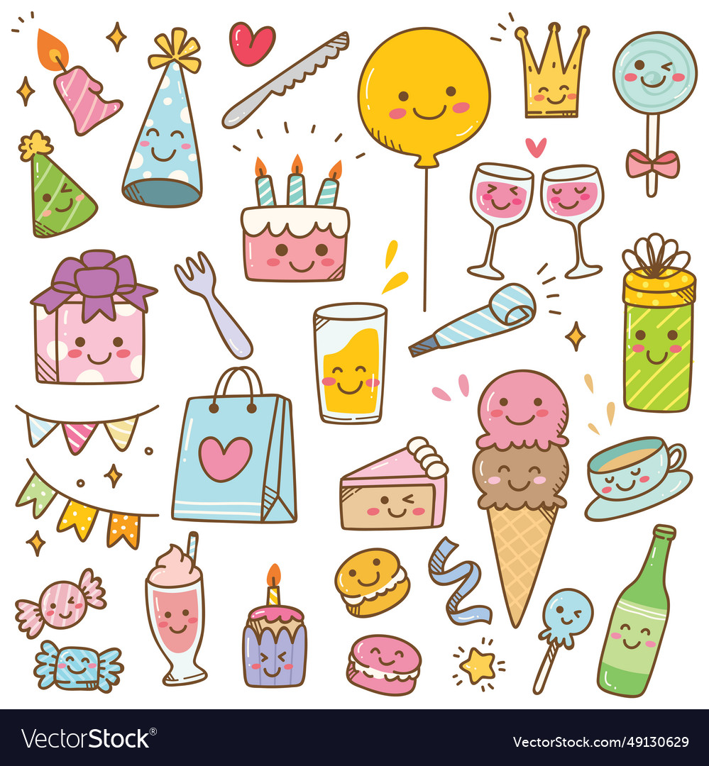 Set of kawaii birthday doodle design elements Vector Image