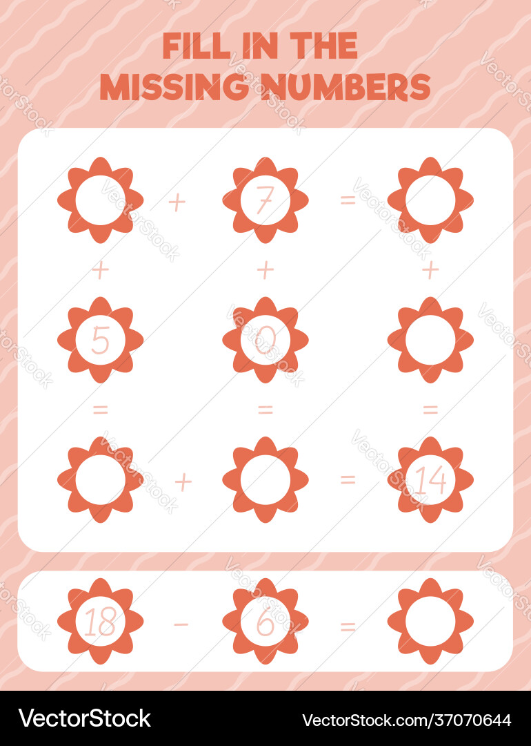 Fill in missing numbers printable maths Royalty Free Vector