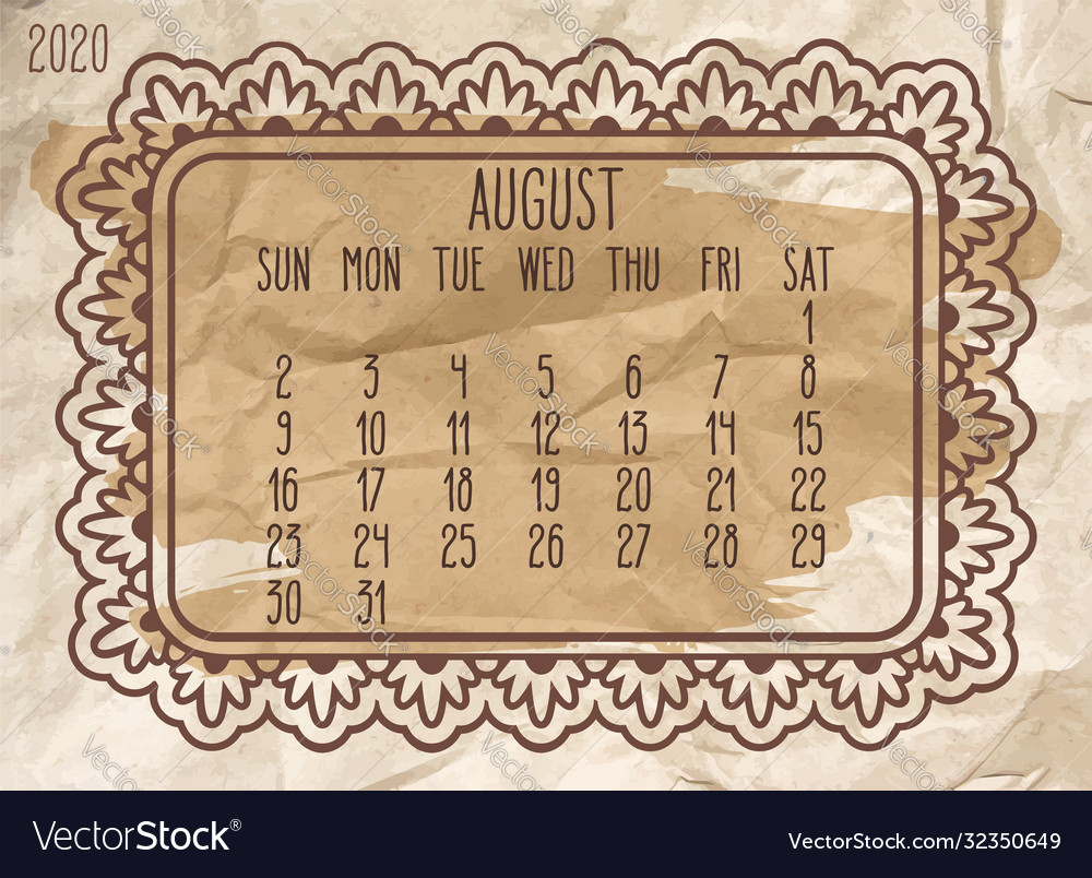 August year 2020 monthly frame calendar Royalty Free Vector