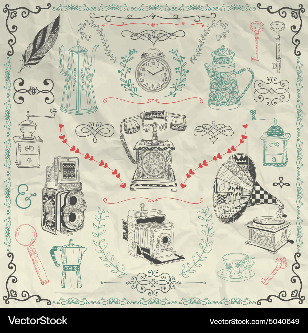 Vintage icons and objects on crumpled paper Vector Image