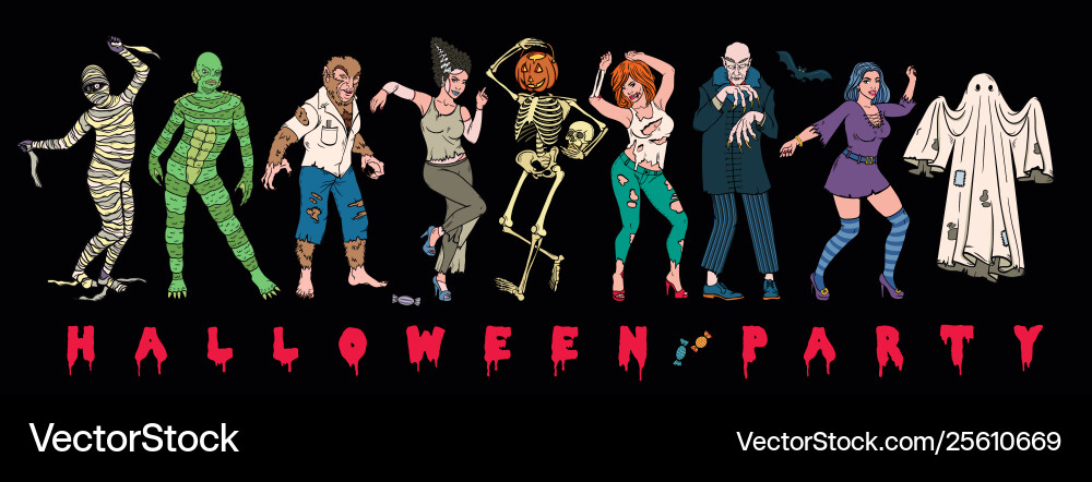 Halloween party set monsters characters Royalty Free Vector