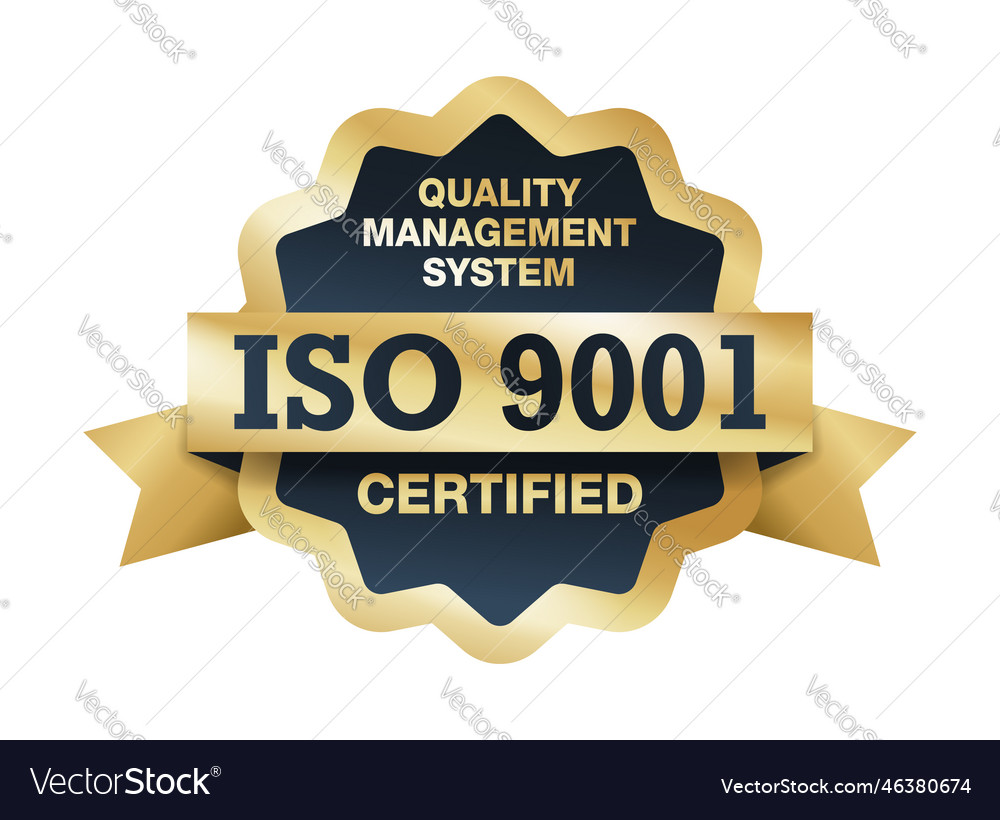 Iso 9001 standardization golden medal Royalty Free Vector