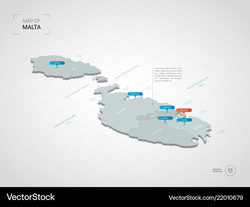Isometric malta map with city names Royalty Free Vector