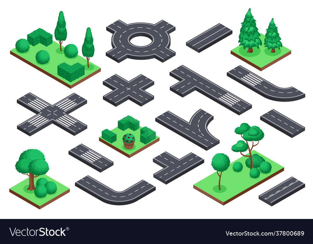 Isometric road and nature elements asphalt street Vector Image Isometric road and nature elements asphalt street Vector Image