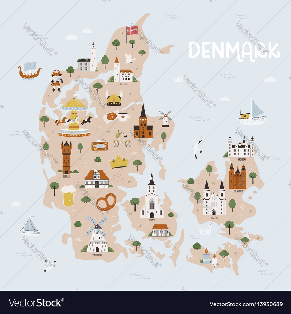 Map of denmark with famous symbols Royalty Free Vector Image