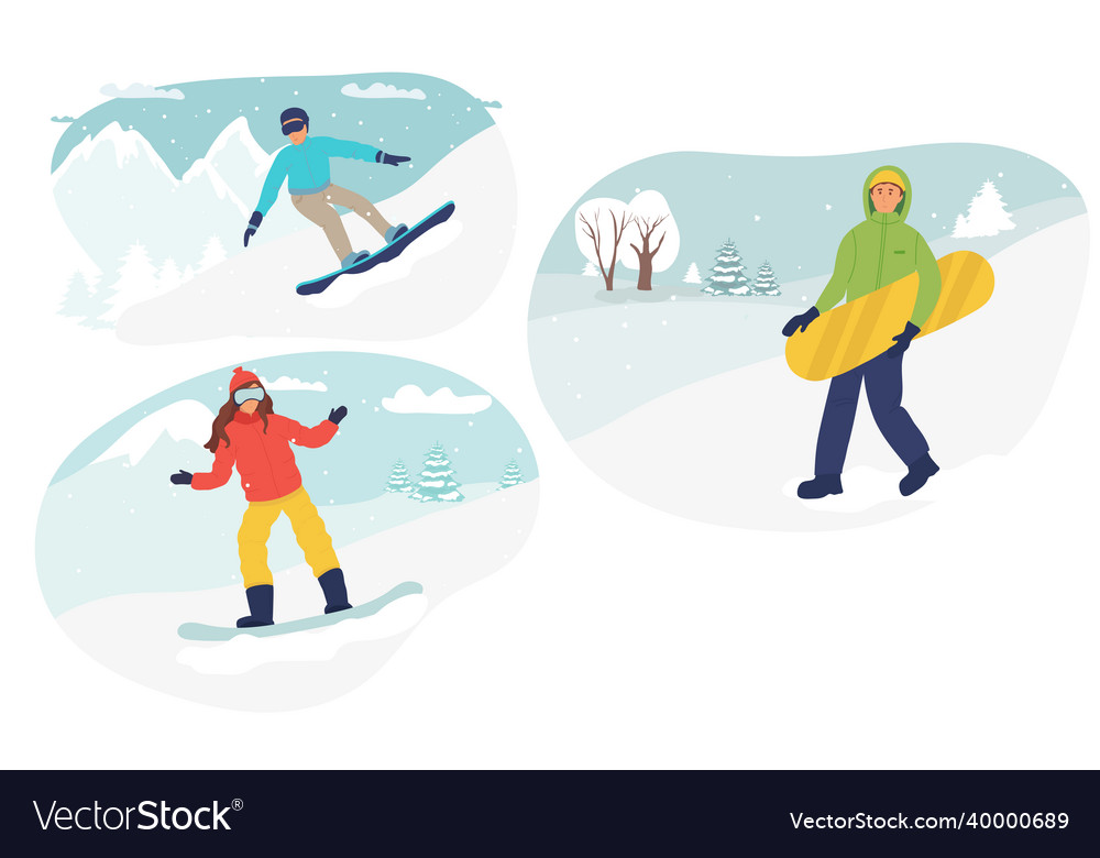 Set of snowboarders in different poses at ski Vector Image