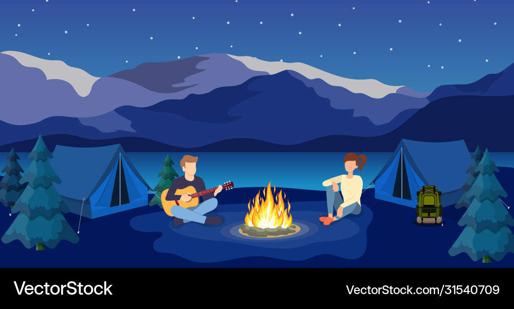 Group young people are sitting around campfire Vector Image