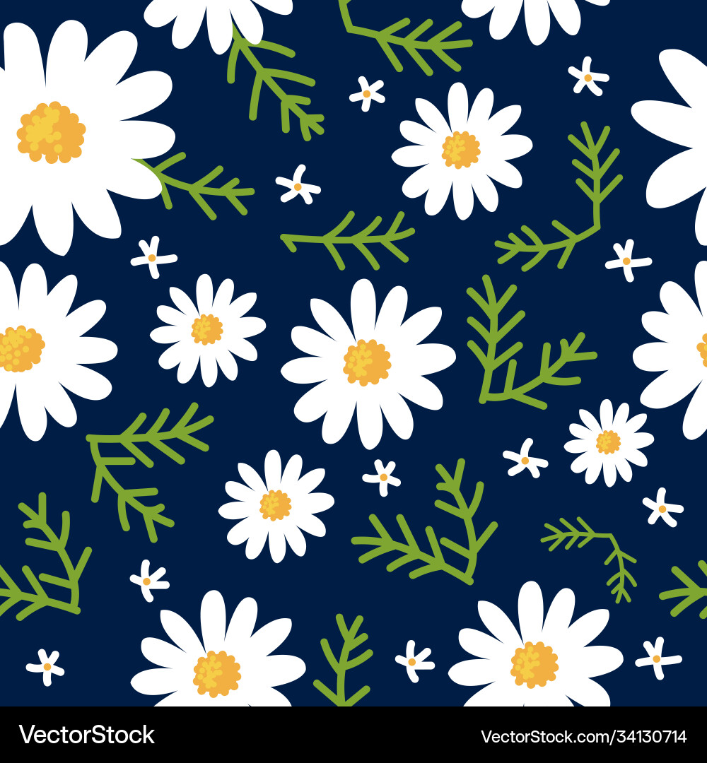 Daisy flower seamless pattern on blue background Vector Image