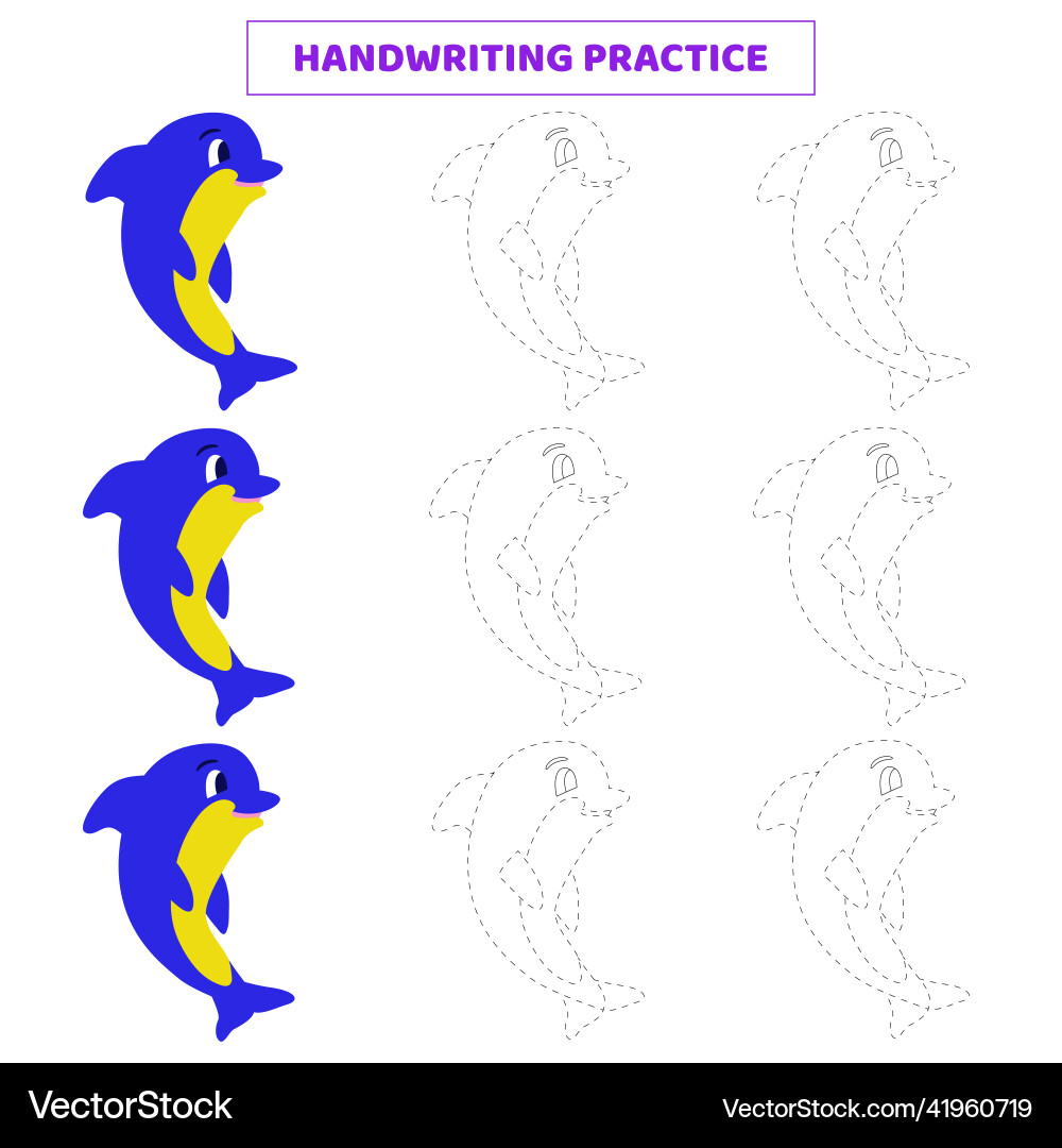 Handwriting practice for kids with cartoon dolphin