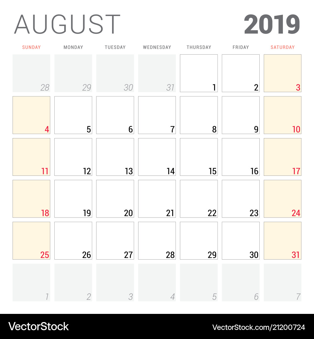Calendar planner for august 2019 week starts on Vector Image