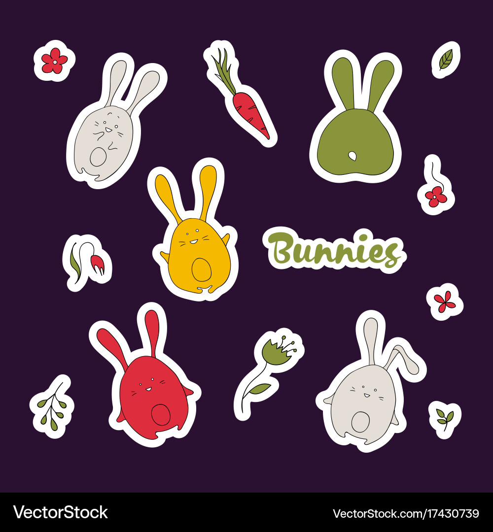 Cute cartoon rabbits set simple hand drawn Vector Image
