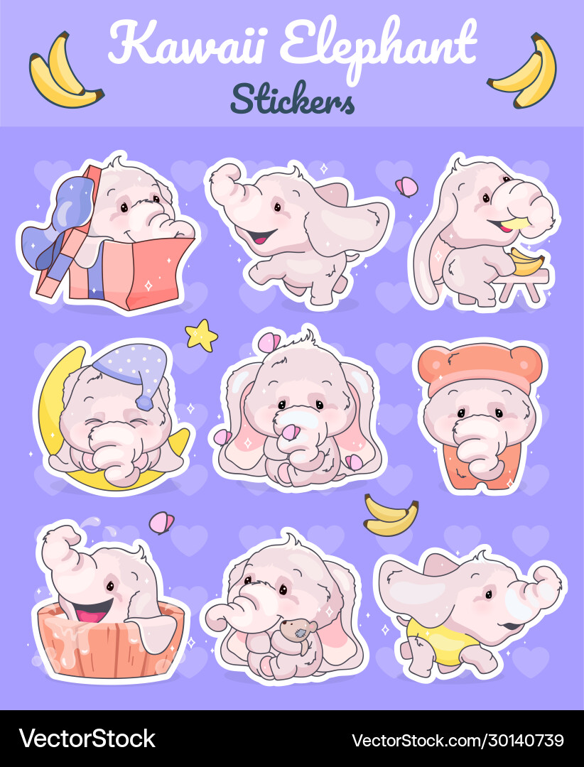 Cute elephants kawaii cartoon characters set Vector Image