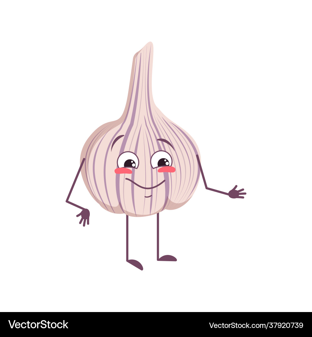 Cute garlic character with joy emotions smiling Vector Image