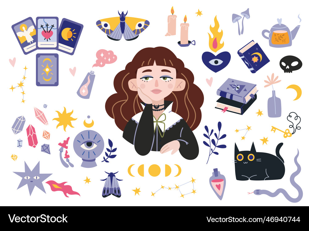 Witchcraft withcore aesthetic set with beauti Vector Image