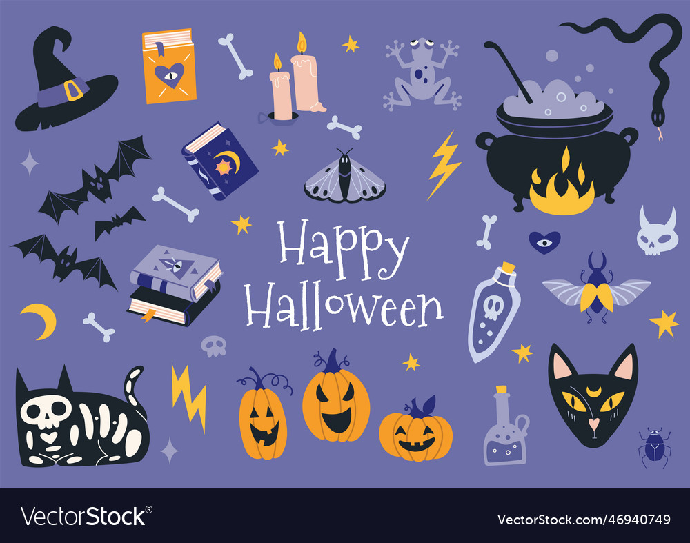 Happy halloween set with pumpkins bat decoration Vector Image