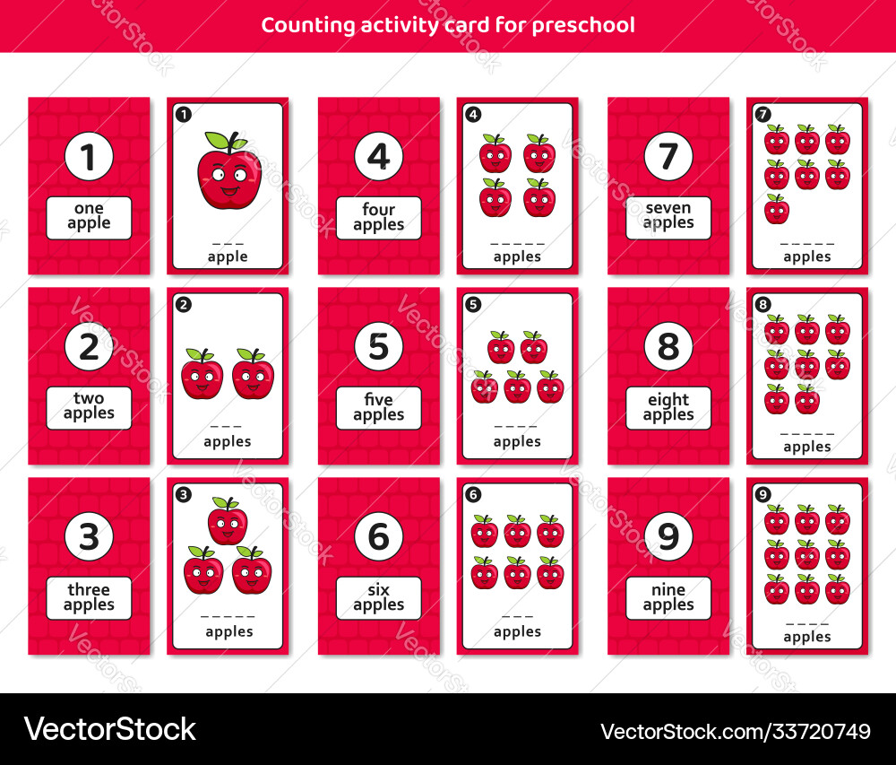 Preschool counting activity card with cute apple Vector Image
