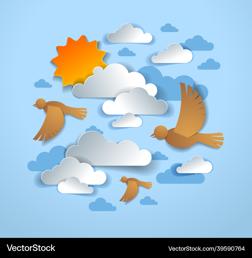 Birds flock flying among beautiful clouds and sun Vector Image