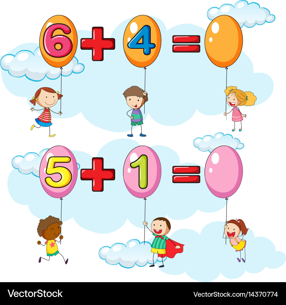 Kids and two addition questions in sky Royalty Free Vector