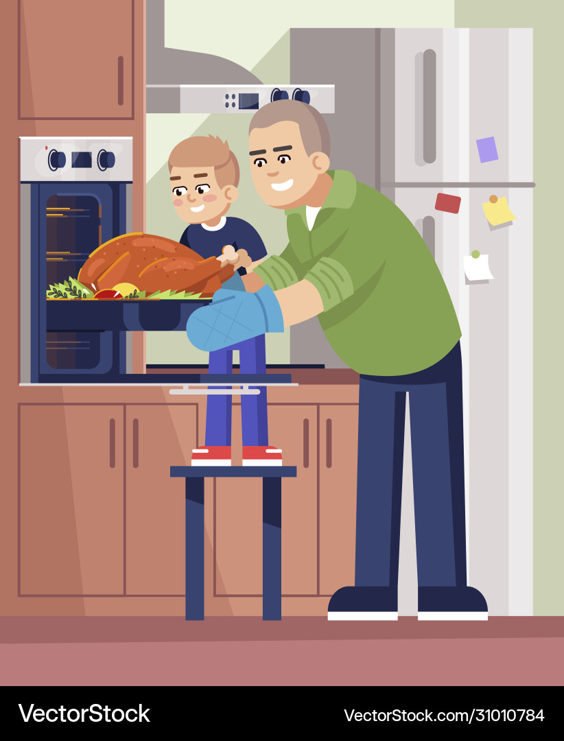 Father and son cooking poultry together flat Vector Image