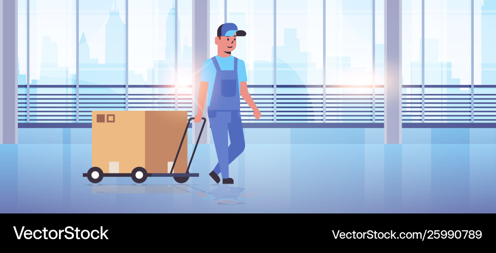 Courier in uniform pushing trolley with cardboard Vector Image