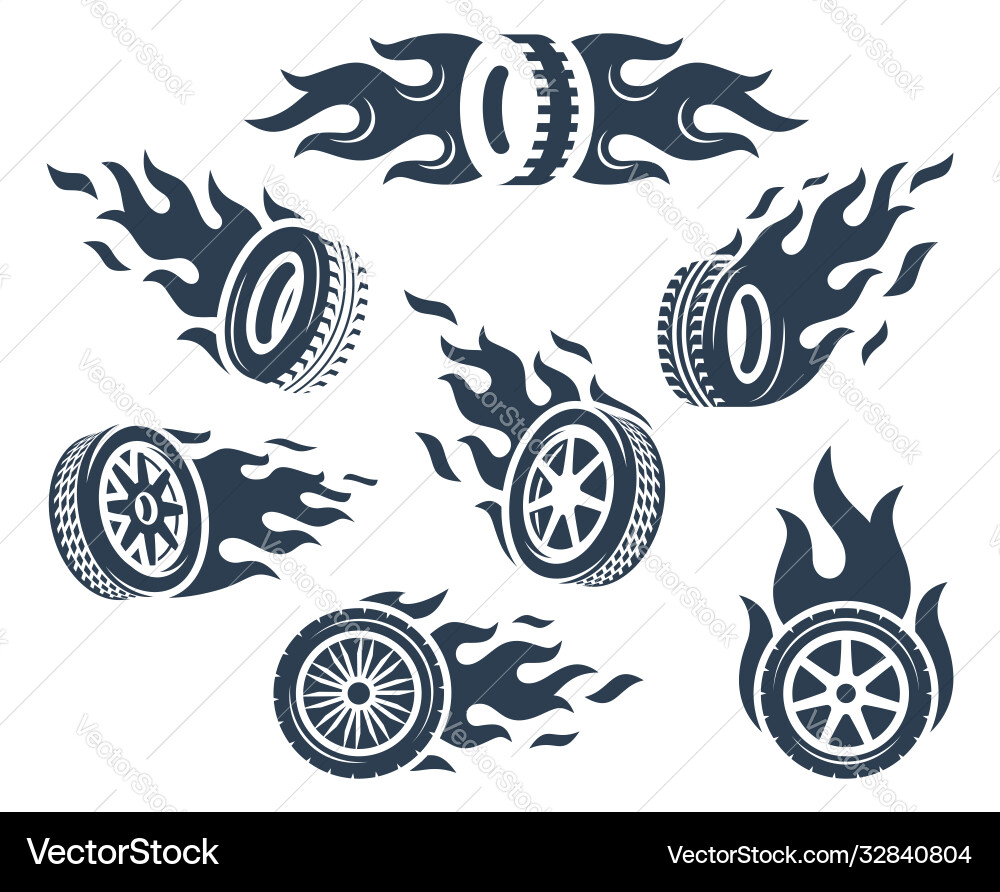 Set wheels silhouettes with fire flame Royalty Free Vector