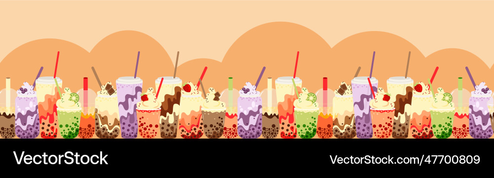 Bubble or boba tea in cups seamless banner Vector Image