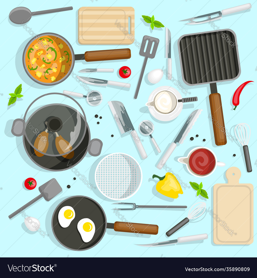 Chef workplace top view set Royalty Free Vector Image