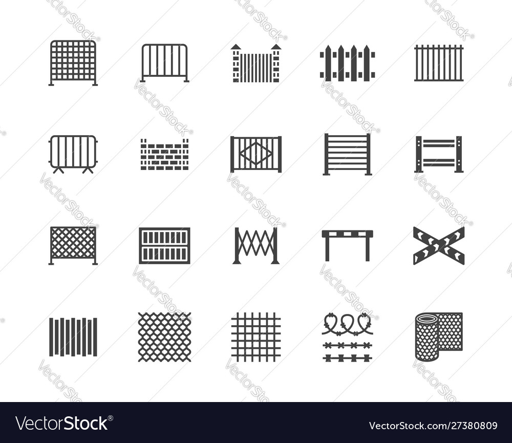 Fence flat glyph icons set wood fencing metal Vector Image