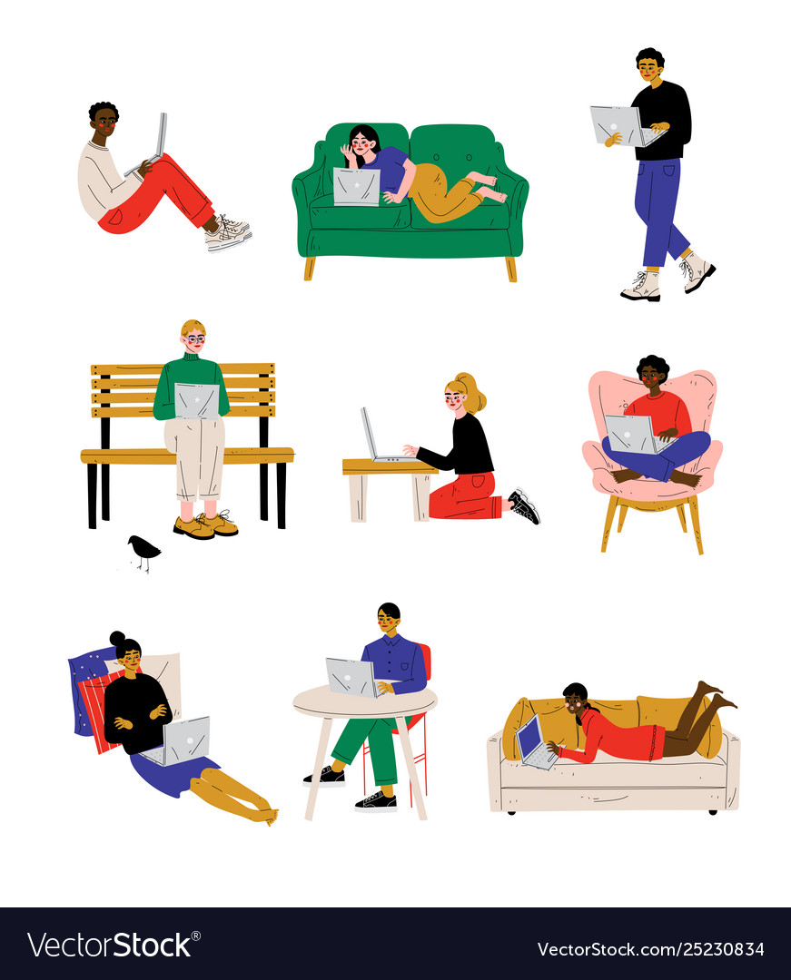 People with laptop set young men and woman Vector Image